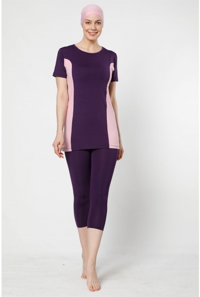 Moda Çizgi Yarım Kapalı Taytlı Likralı Kısa Kol Tesettür Mayo 28047