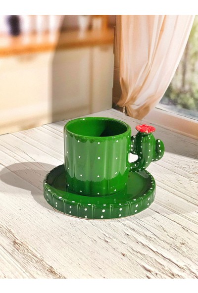 Dekorkmaz El Yapımı Iki Kişilik Kaktüslü Kahve Fincanı ve Sunumluğu