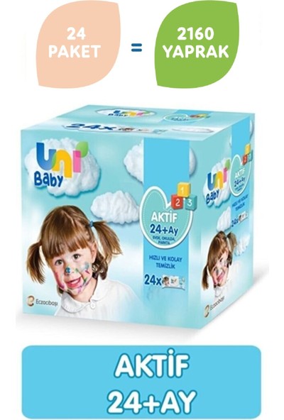 Uni Baby Aktif Islak Mendil 24'lü x 90 Adet 2160 Yaprak Uni Baby Aktif Islak Mendil 24'lü x 90 Adet 2160 Yaprak