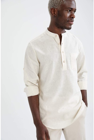 DeFacto Slim Fit Hakim Yaka Uzun Kollu Keten Gömlek U8570AZ21SM
