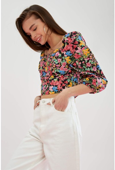 DeFacto Çiçekli Kare Yaka Yarım Balon Kollu Bluz U0071AZ21SP