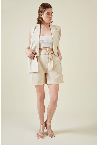 DeFacto Yüksek Bel Kuşaklı Keten Bermuda Şort U8930AZ21HS