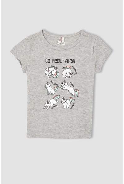 Defacto Kız Çocuk Kedi Baskılı Kısa Kollu Tişört T2540A621SM