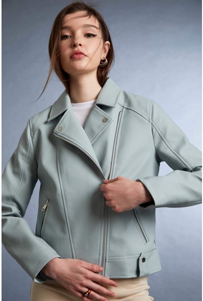 DeFacto Regular Fit Suni Deri Su İtici Biker Ceket V3825AZ22SP DeFacto Regular Fit Suni Deri Su İtici Biker Ceket V3825AZ22SP