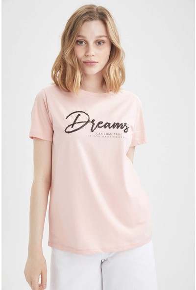 Defacto Slogan Baskılı Payetli Regular Fit Kısa Kollu Tişört U9788AZ21HS