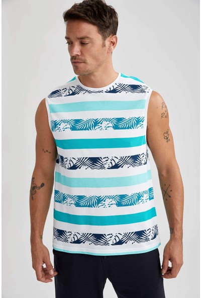 DeFacto Regular Fit Desenli Bisiklet Yaka Kolsuz Pamuklu Penye Tişört W2461AZ21HS