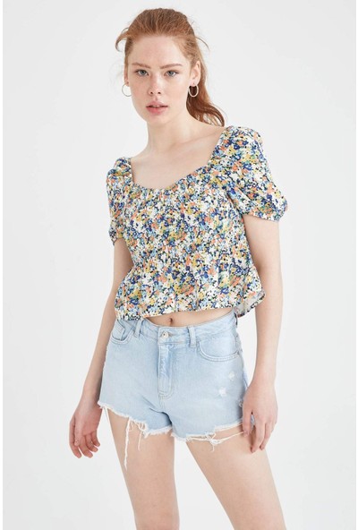 DeFacto Carmen Yaka Desenli Slim Fit Crop Bluz V0870AZ21HS