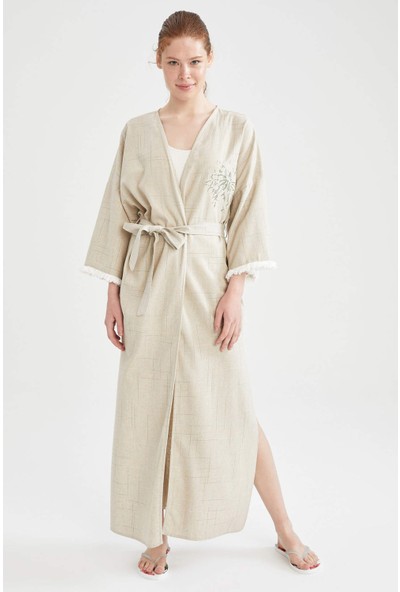 DeFacto Yosun Nakışlı Püsküllü Kuşaklı Keten Yazlık Kimono V3090Az21Sm