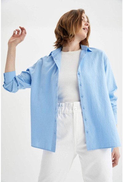 DeFacto Oversize Fit Basic Keten Görünümlü Gömlek V2521AZ21HS DeFacto Oversize Fit Basic Keten Görünümlü Gömlek V2521AZ21HS