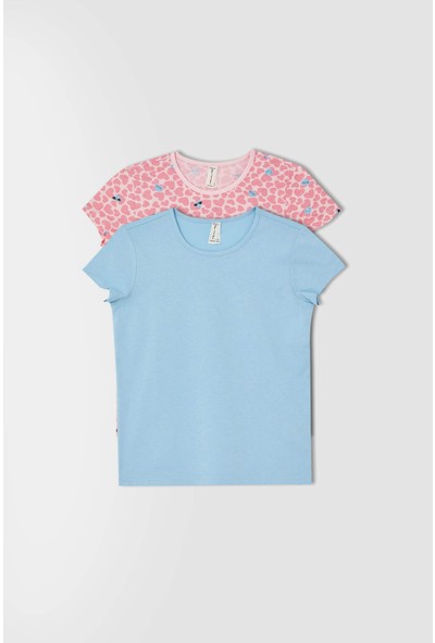 DeFacto Kız Çocuk Kalp Desenli Pamuklu Kısa Kollu 2'li Pijama Üstü T2034A621HS