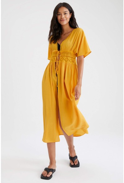 DeFacto Dantel Detaylı Bağcıklı Keten Yazlık Kimono W2673AZ21HS