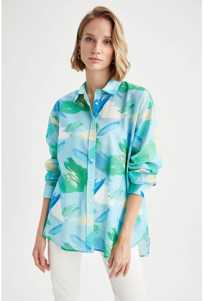 DeFacto Renkli Baskılı Oversize Fit Pamuklu Poplin Gömlek Tunik W1814AZ21HS