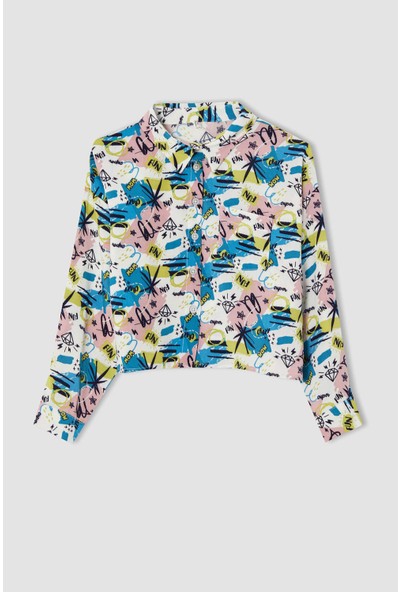 Defacto Kız Çocuk Yazı Desenli Crop Uzun Kollu Gömlek T4545A621SP Defacto Kız Çocuk Yazı Desenli Crop Uzun Kollu Gömlek T4545A621SP