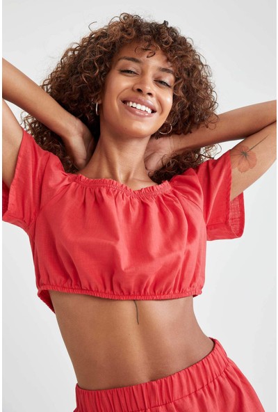 DeFacto Kayık Yaka Beli Büzgülü Kısa Kollu Crop Top W2685Az21Hs DeFacto Kayık Yaka Beli Büzgülü Kısa Kollu Crop Top W2685Az21Hs