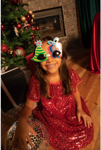 DeFacto Kız Çocuk Regular Fit Bisiklet Yaka Kısa Kollu Payetli Elbise V5542A621CW