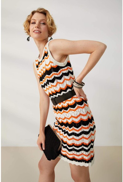 DeFacto Renk Bloku Bisiklet Yaka Kroşe Örgü Yazlık Elbise W0051Az21Sp