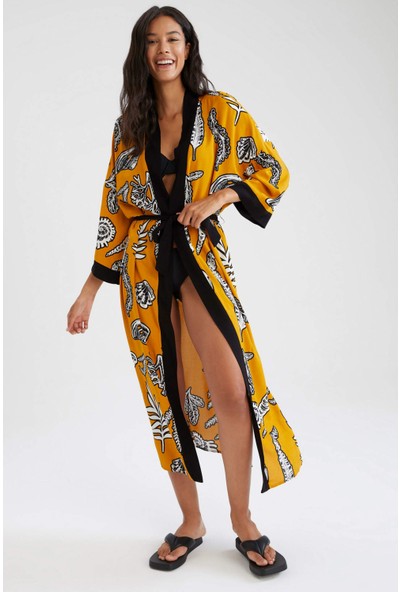 DeFacto Tropik Desenli Kuşaklı Uzun Yazlık Kimono W2924AZ21HS DeFacto Tropik Desenli Kuşaklı Uzun Yazlık Kimono W2924AZ21HS