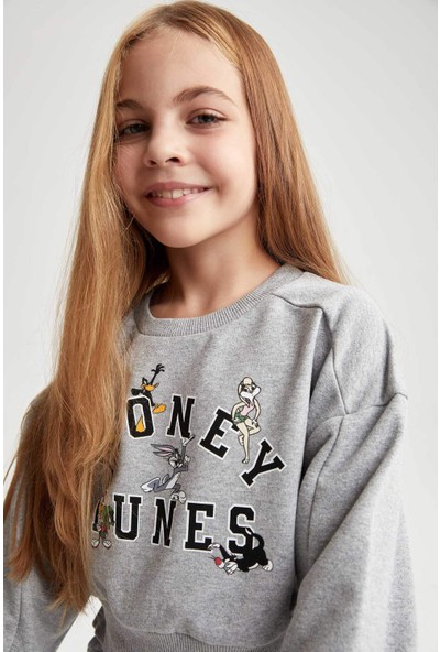 DeFacto Kız Çocuk Looney Tunes Lisanslı Crop Geri Dönüşümlü Kalın Sweatshirt Kumaşı Sweatshirt W1718A621AU