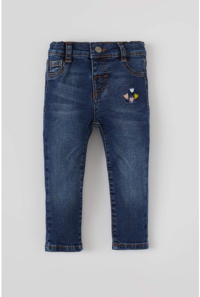 Defacto Kız Bebek Çiçek Nakışlı Jean Pantolon T8941A221SP