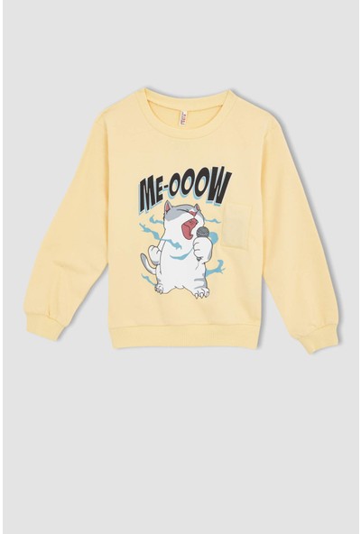 DeFacto Kız Çocuk Regular Fit Bisiklet Yaka Kedi Baskılı Sweatshirt W0118A621WN