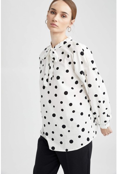 Defacto Büyük Puantiye Desenli Fular Yaka Dokuma Poplin Gömlek Tunik U1687AZ21SM