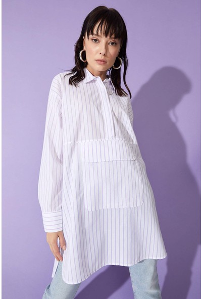 DeFacto Relax Fit Çizgili Kanguru Cepli Gömlek Tunik V0739AZ21SM
