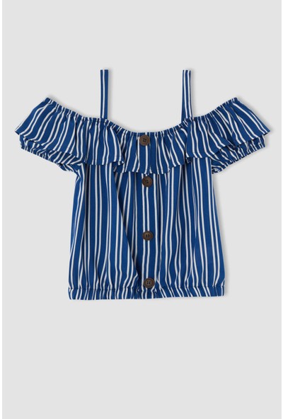Defacto Kız Çocuk Çizgili Volanlı Kısa Kol Bluz T4049A621SM