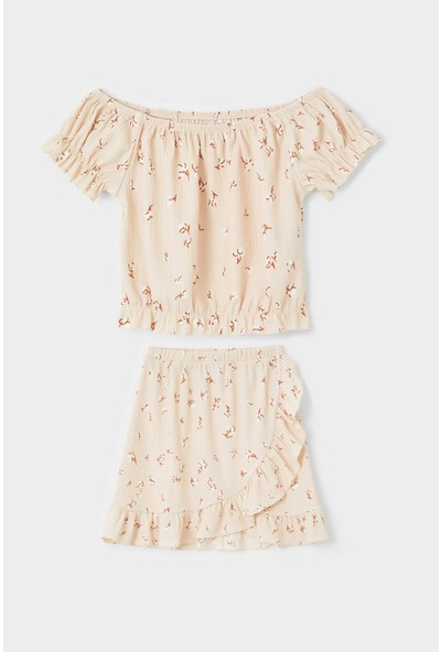DeFacto Kız Çocuk Çiçek Desenli Kısa Kolluz Bluz Ve Etek Takımı V0933A621SM