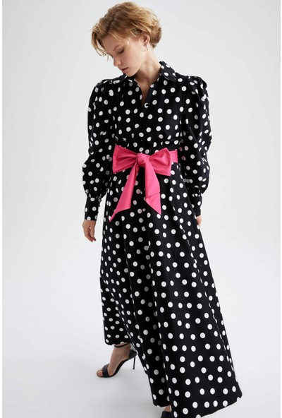 DeFacto Nihan Peker Tasarım Puantiye Desenli Fiyonk Detaylı Maxi Tesettür Abiye V6399Az21Hs