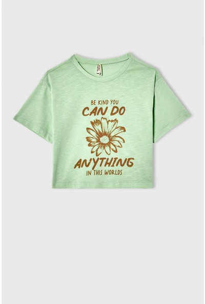 Defacto Kız Çocuk Baskılı Kısa Kollu Crop Tişört V5409A621HS