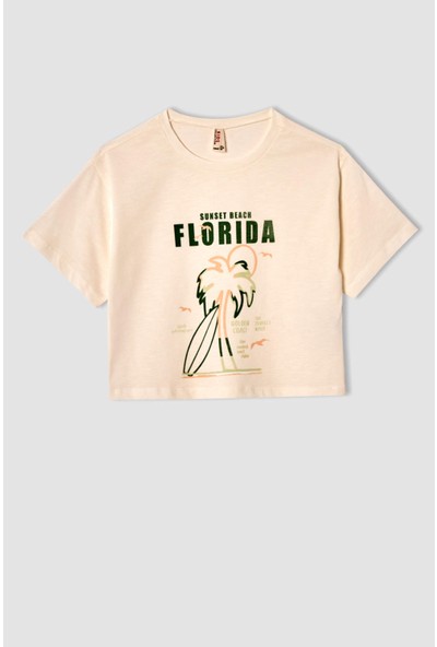 Defacto Kız Çocuk Baskılı Kısa Kollu Crop Tişört V5409A621HS