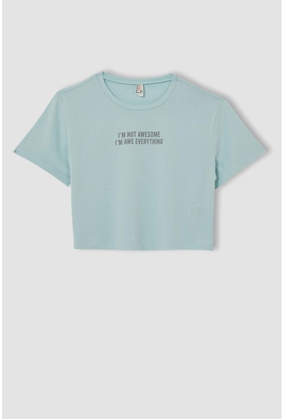 DeFacto Kız Çocuk Yazı Baskılı Crop Kısa Kollu Tişört V5407A621HS