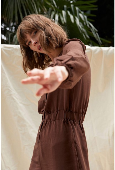 DeFacto Beli Büzgülü Balon Kollu Tulum S0855AZ20AU DeFacto Beli Büzgülü Balon Kollu Tulum S0855AZ20AU