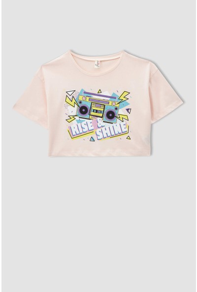 DeFacto Kız Çocuk Baskılı Dokunmatik Işıklı Kısa Kollu Crop Tişört V7142A621HS