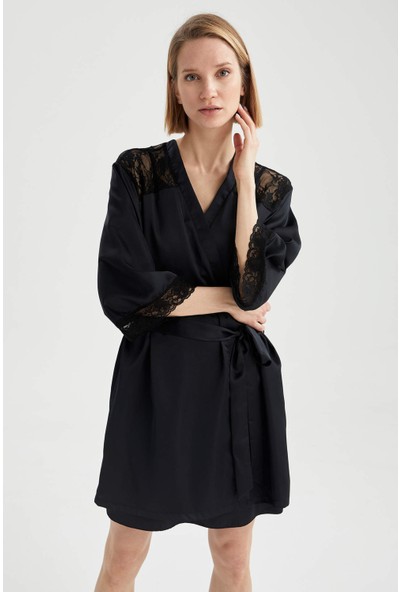 Defacto Saten Dantel Detaylı Kuşaklı Kimono Sabahlık U0031AZ21SP