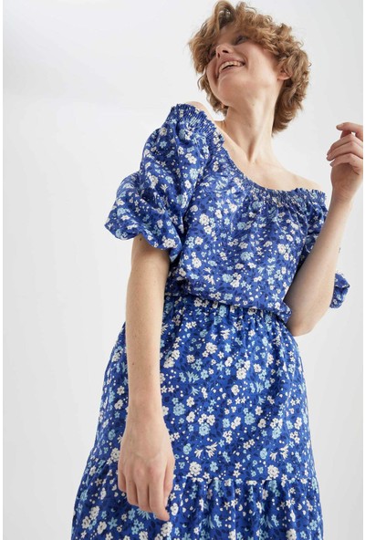 Defacto Carmen Yaka Lastik Detaylı Balon Kollu Poplin Bluz U2112AZ21SP