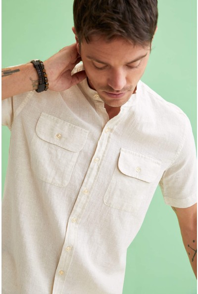 Defacto Regular Fit Hakim Yaka Kısa Kollu Keten Gömlek U3824AZ21SM