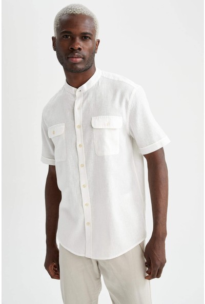 DeFacto Regular Fit Hakim Yaka Kısa Kollu Keten Gömlek U3824AZ21SM