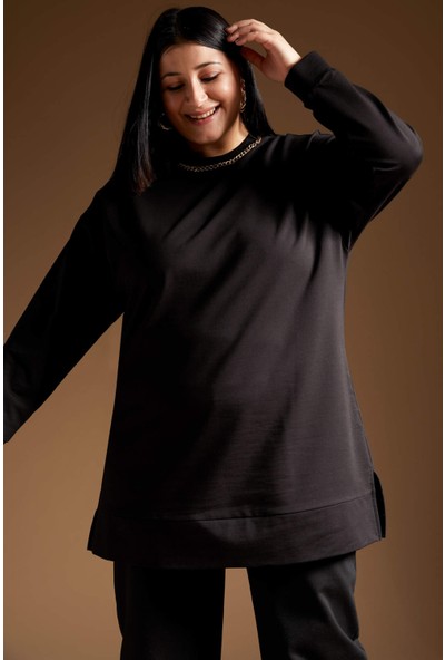 DeFacto DF Plus Oversize Fit Bisiklet Yaka İnce Sweatshirt Kumaşı Sweatshirt Tunik W3490AZ21WN