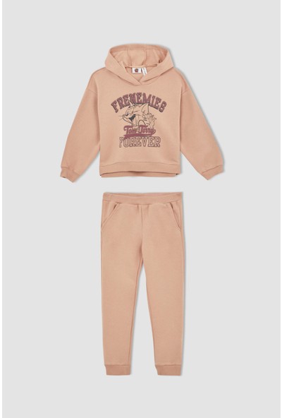 DeFacto Kız Çocuk Tom & Jerry Lisanslı Regular Fit İçi Yumuşak Tüylü Sweatshirt Eşofman Takım V4765A621WN