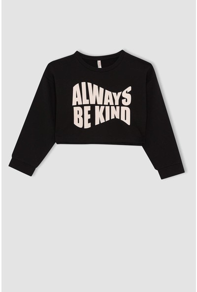 DeFacto Kız Çocuk Regular Fit Bisiklet Yaka Slogan Baskılı Sweatshirt W3180A621AU