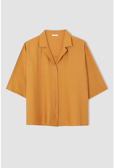 DeFacto Ceket Yaka Oversize Fit Kısa Kollu Büyük Beden Keten Gömlek V8943AZ21HS DeFacto Ceket Yaka Oversize Fit Kısa Kollu Büyük Beden Keten Gömlek V8943AZ21HS