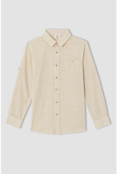 DeFacto Erkek Çocuk Çizgili Keten Görünümlü Uzun Kollu Gömlek DeFacto Erkek Çocuk Çizgili Keten Görünümlü Uzun Kollu Gömlek