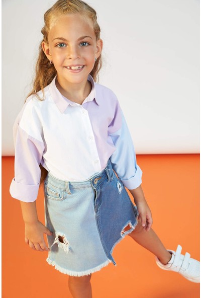 DeFacto Kız Çocuk Relax Fit Renk Bloklu Gömlek V8538A621HS