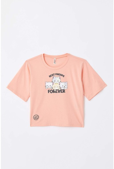 Defacto Kız Çocuk Kedi Baskılı Crop Dokunmatik Işıklı Kısa Kollu Tişört U5423A621SM