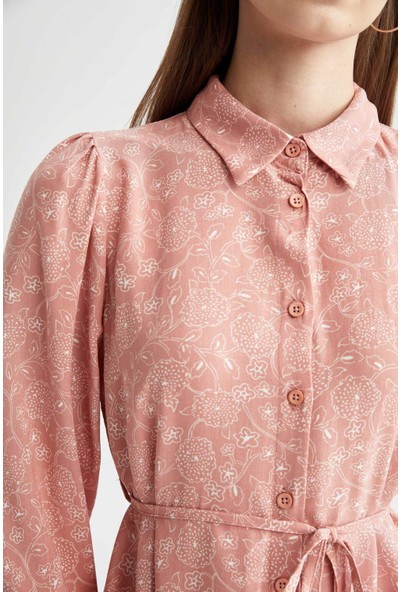 DeFacto Regular Fit Floral Deseni Bellinden Bağlama Detaylı Uzun Kollu Viskon Gömlek Tunik X5000AZ22SM