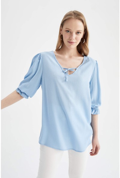 DeFacto Regular Fit V Yaka Yarım Balon Kollu Krinkıl Kumaş Bluz X6826AZ22SM