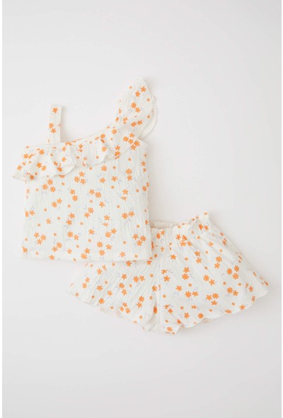 DeFacto Kız Bebek Regular Fit Desenli Tek Omuzlu Askılı Bluz Şort Takım X7991A222SM