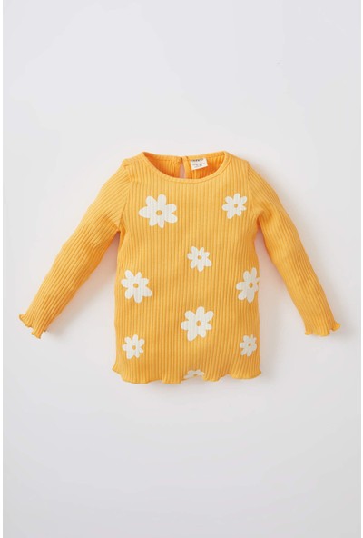 DeFacto Kız Bebek Regular Fit Çiçek Baskılı Uzun Kollu Fitilli Kaşkorse Tişört X9823A222SP