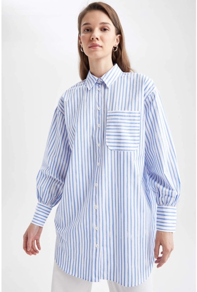 DeFacto Relax Fit Tek Cepli Uzun Kollu Poplin Tunik Gömlek X3008AZ22SM